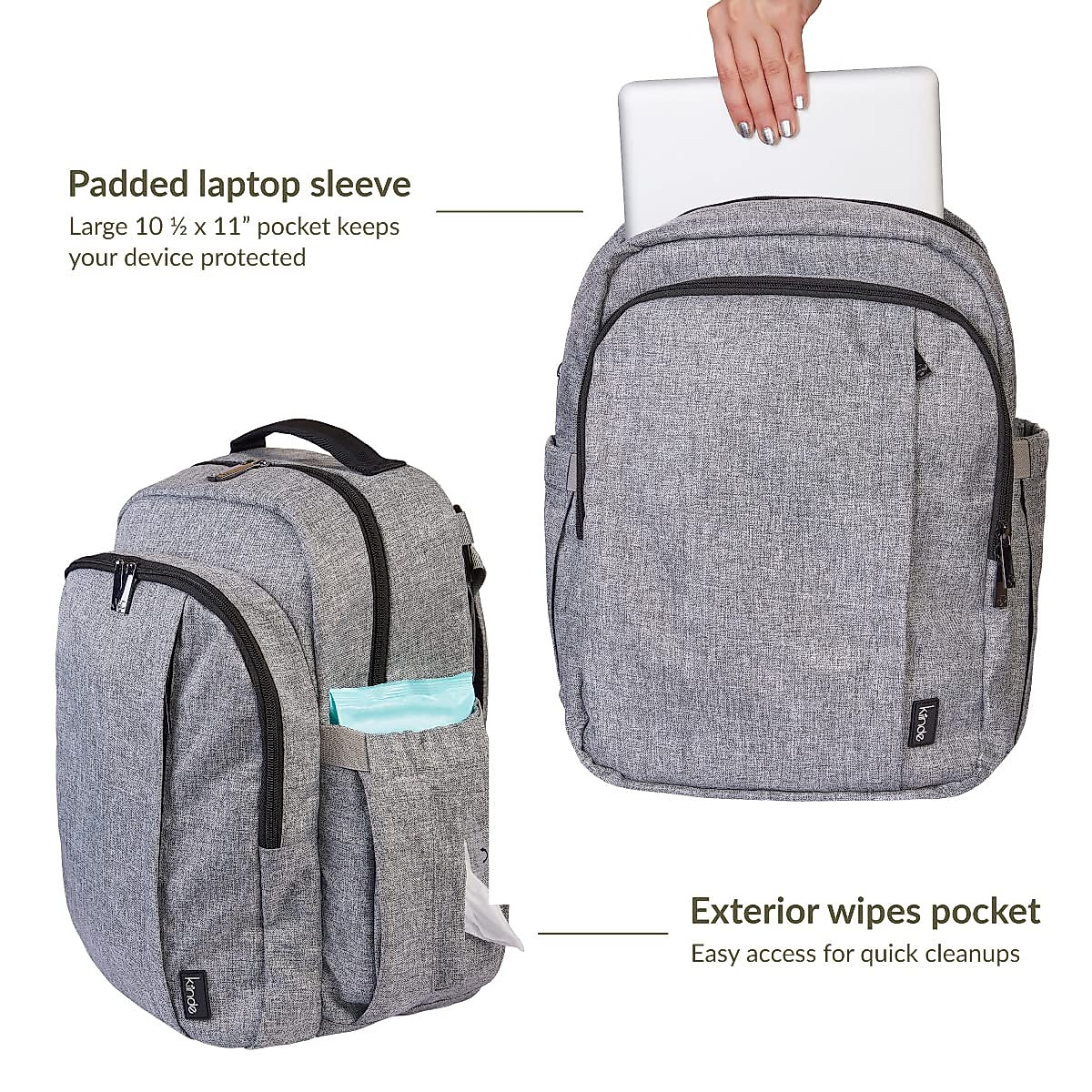 Kiinde Diaper Bag Backpack, Unisex Baby Bag Multifunction Padded Travel Backpack for Mom and Dad with Changing Pad, Stroller Straps, Laptop Sleeve, Grey