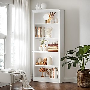 Furniwell Bookcase Bookshelves, 5-Shelf Tall Bookcase 72" Wood Open Display Floor Bookshelf, Large Storage Organizer for Library, Bedroom, Living Room (White)