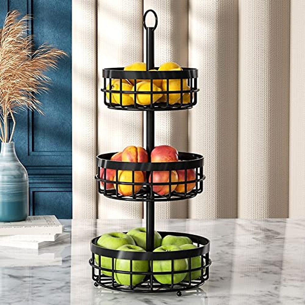 Baoz 3 Tier Fruit Basket For Kitchen Countertop Metal Wire Fruit Bowl Holder Triple Layer Detachable Fruit storage Tray Rack Stand for Storing Veggies Bread Snacks, Black