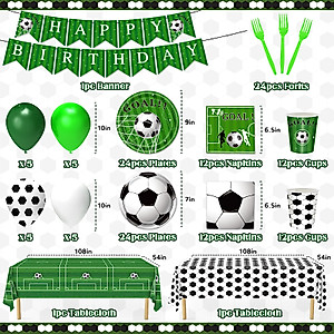 Soccer Party Decorations, 143Pcs Soccer Birthdday Party Supplies-Serves 24 with Soccer Plates and Napkins Tablecloth and Birthday Banner Balloons for Soccer Sports Theme Birthday Decorations