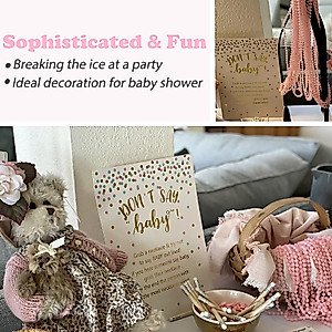 ZJJZGYXINTAI Baby Shower Games for Girl, Including 1 Don’t Say Baby Sign and 24Pcs Pink Beaded Necklace 72Pcs Pink Mini Pin