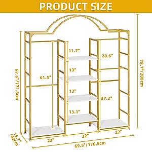 DWVO Heavy Duty Clothes Rack with Storage Shelves, Closet Organizer System for Hanging Clothes, 4-Tier Garment Rack Wardrobe with 3 Hanging Rods and 6 Shelves, Gold