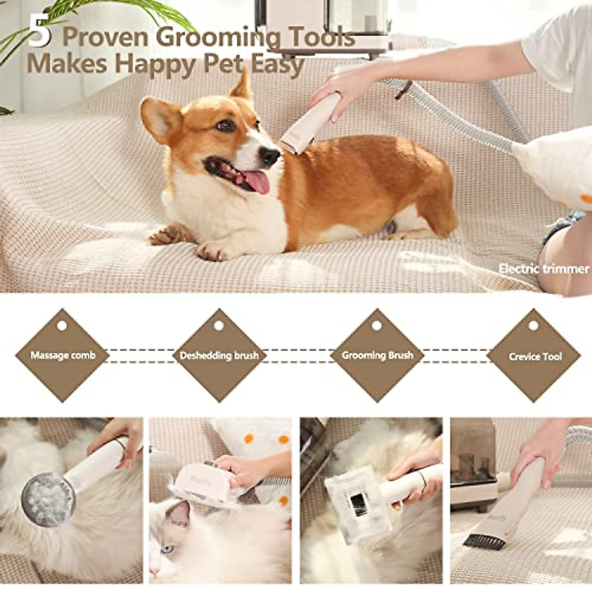 Bunfly Pet Clipper Grooming Kit & Vacuum Suction 99% Pet Hair, 7 Pet Grooming Tools, 3L Large Capacity Easy Clean Dust Cup for Pet Hair, Home Cleaning（Brown）