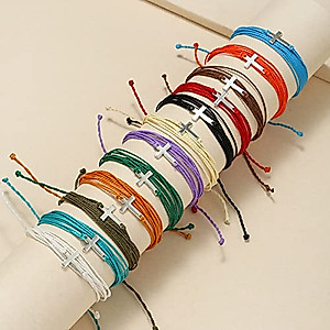 Handmade Cross Colorful Adjustable Braided String Bracelet Friendship Couple Tiny Sideways Cross Rope Bangle Lucky Protection Jewerly for Women Men Teens-set