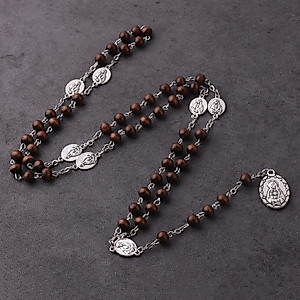 Loumu Seven Sorrows of Mary Rosary Chaplet with Wooden Beads Hematite Beads Glass Pearl Beads Crystal Beads Catholic Rosary Necklace for Women and Men Catholic Gift (brown, Wooden Beads)
