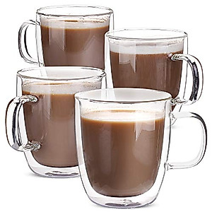 BTaT- Insulated Coffee Mugs, Glass Tea Mugs, Set of 4 (12 oz, 350 ml), Double Wall Glass Coffee Cups, Tea Cups, Latte Cups, Glass Coffee Mug, Beer Glasses, Latte Mug, Clear Mugs