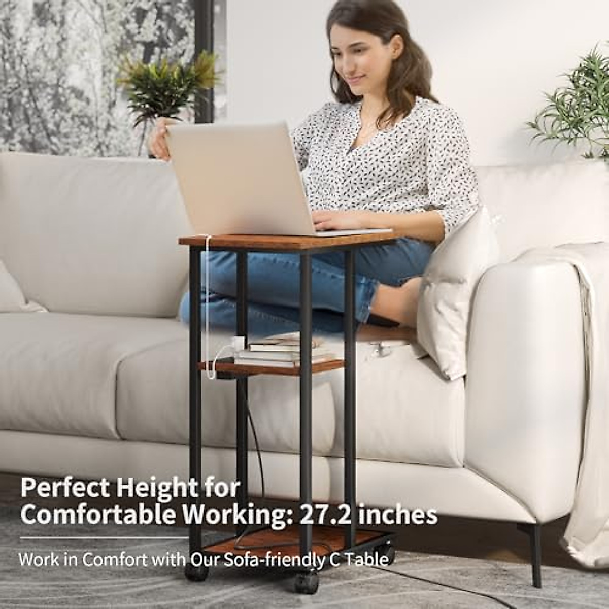 Homsorout C Shaped End Table - C Table on Wheels - Bedside Table with Wheels, Power Outlet and USB - Sofa Table for Living Room, Bedroom, Small Spaces - 27.2'' High, Brown