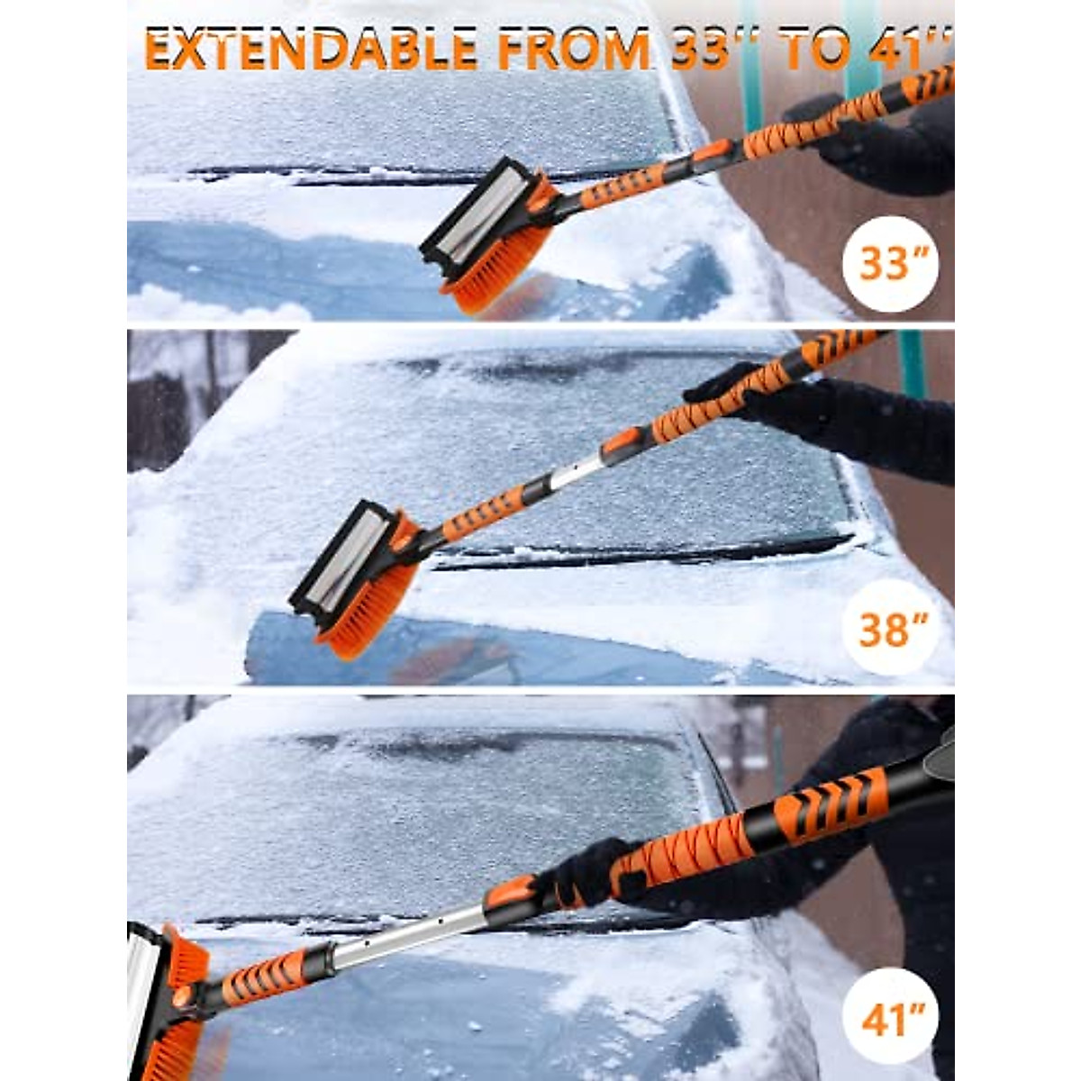 UHdod Ice Scraper and Snow Brush for Car SUV Trucks, 41” Extendable Snow Cleaning Brush for Car Windshield with Squeegee Telescoping Handle 180° Pivoting Brush Head Snow Scraper