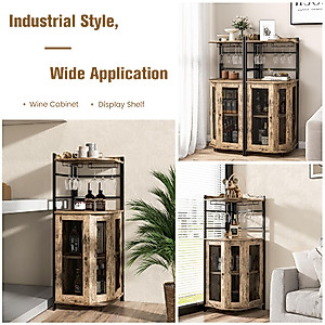 LOKO Corner Wine Bar Cabinet, Industrial Wine Cabinet with Metal Mesh Doors & Adjustable Shelf, Liquor Cabinet with Anti-toppling Device, Rustic Brown, 19 x 19 x 51 Inches (Taupe)