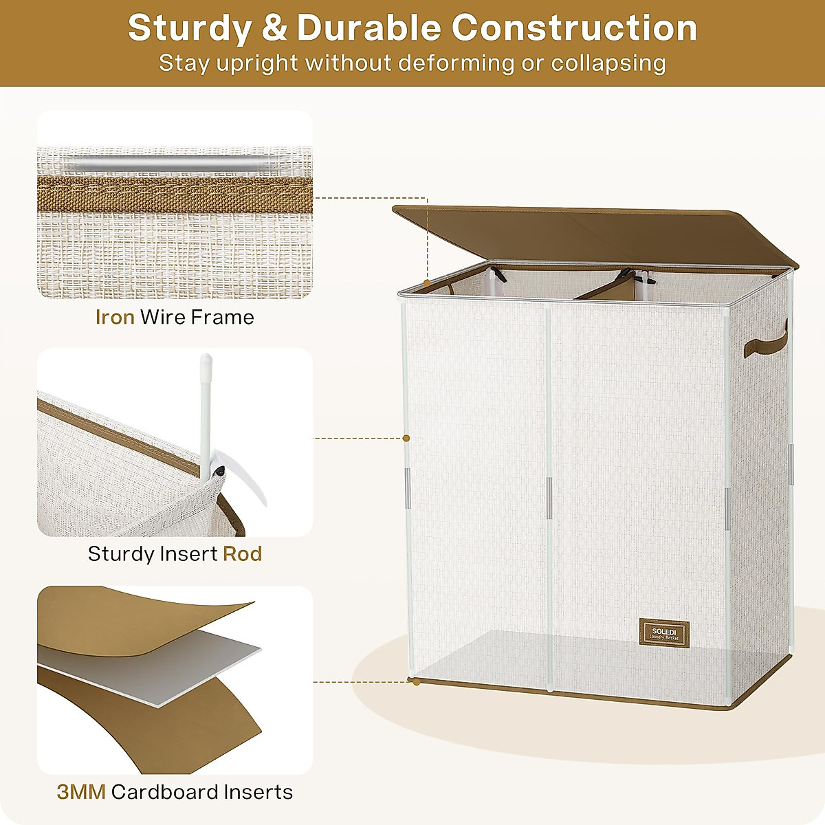 SOLEDI Double Laundry Hamper with Lid 34 Gal (130L) Water-resistant, High-tenacity Material Collapsible Laundry Basket with 2 Removable Liner Bags - Large laundry hamper 2 Section