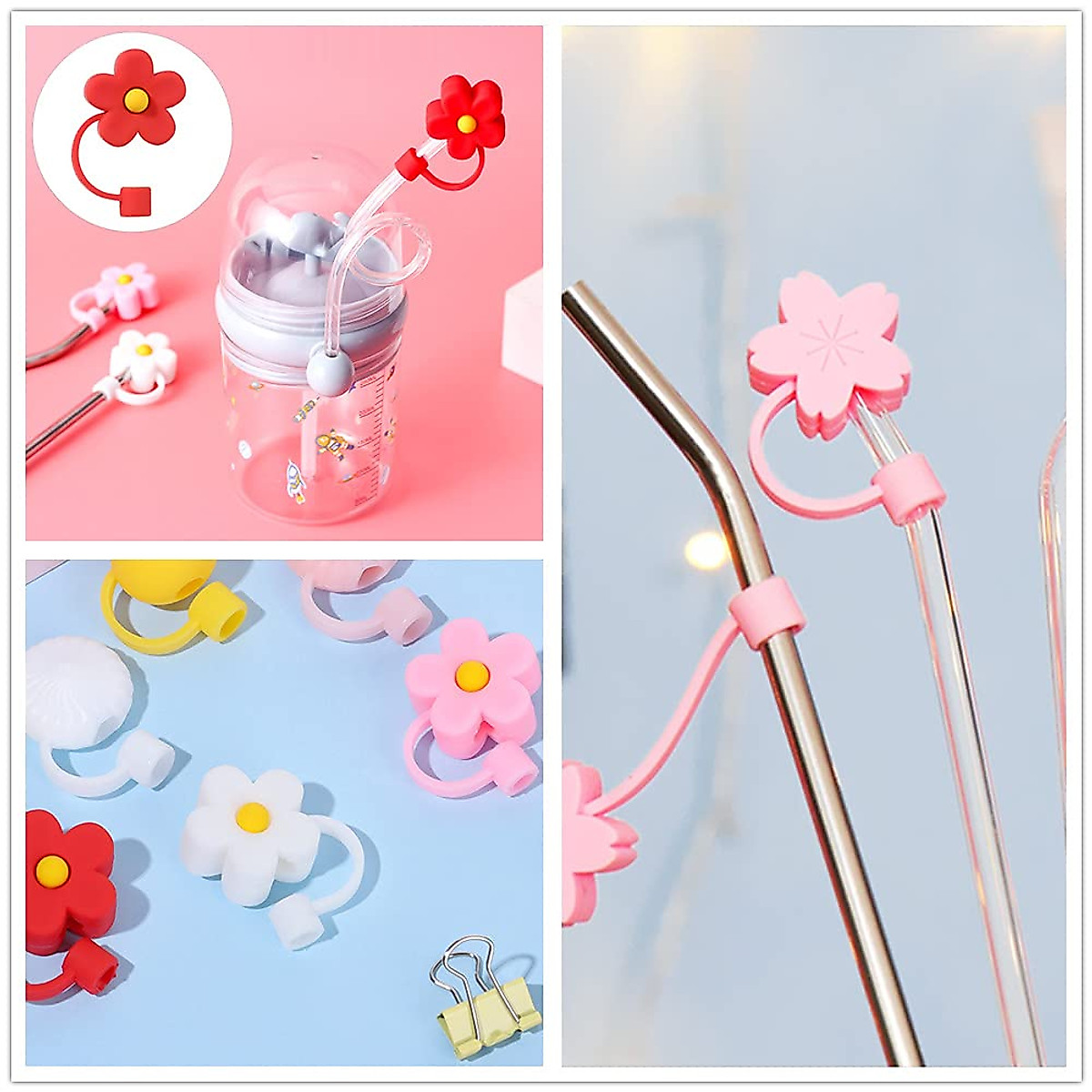 Beyonday 9pcs Silicone Flower Shape Straw Cover Cap Kit, Reusable Drinking Dust Plugs Set Cartoon Cherry Blossom Daisy Sunflowers Shape Spill Proof Straw Tips Cover Cup Stopper Cup Accessories