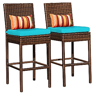 Sundale Outdoor Bar Stools 30 Inch Seat Height Set of 2, Patio Wicker Counter Stools with Back Rest, High Brown Rattan Chair with Pillow & Beige Cushion, All-Weather Armless Tall Pub Barstool