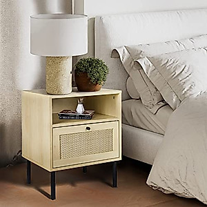 Lamerge Rattan Nightstand Set of 2, Wooden End Table, Modern Side Table with Storage Drawer and Opening Shelf, Accent Table for Living Room, Bedroom and Small Spaces, Natural