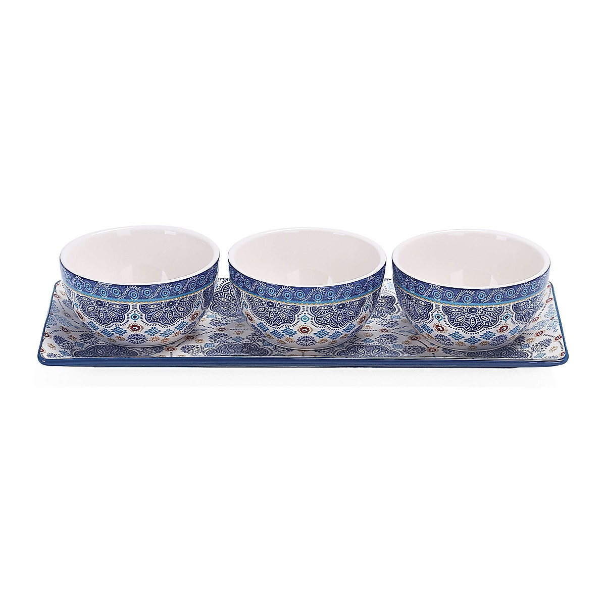 Bico Blue Talavera Ceramic Dipping Bowl Set (9oz bowls with 14 inch platter), for Sauce, Nachos, Snacks, Microwave & Dishwasher Safe