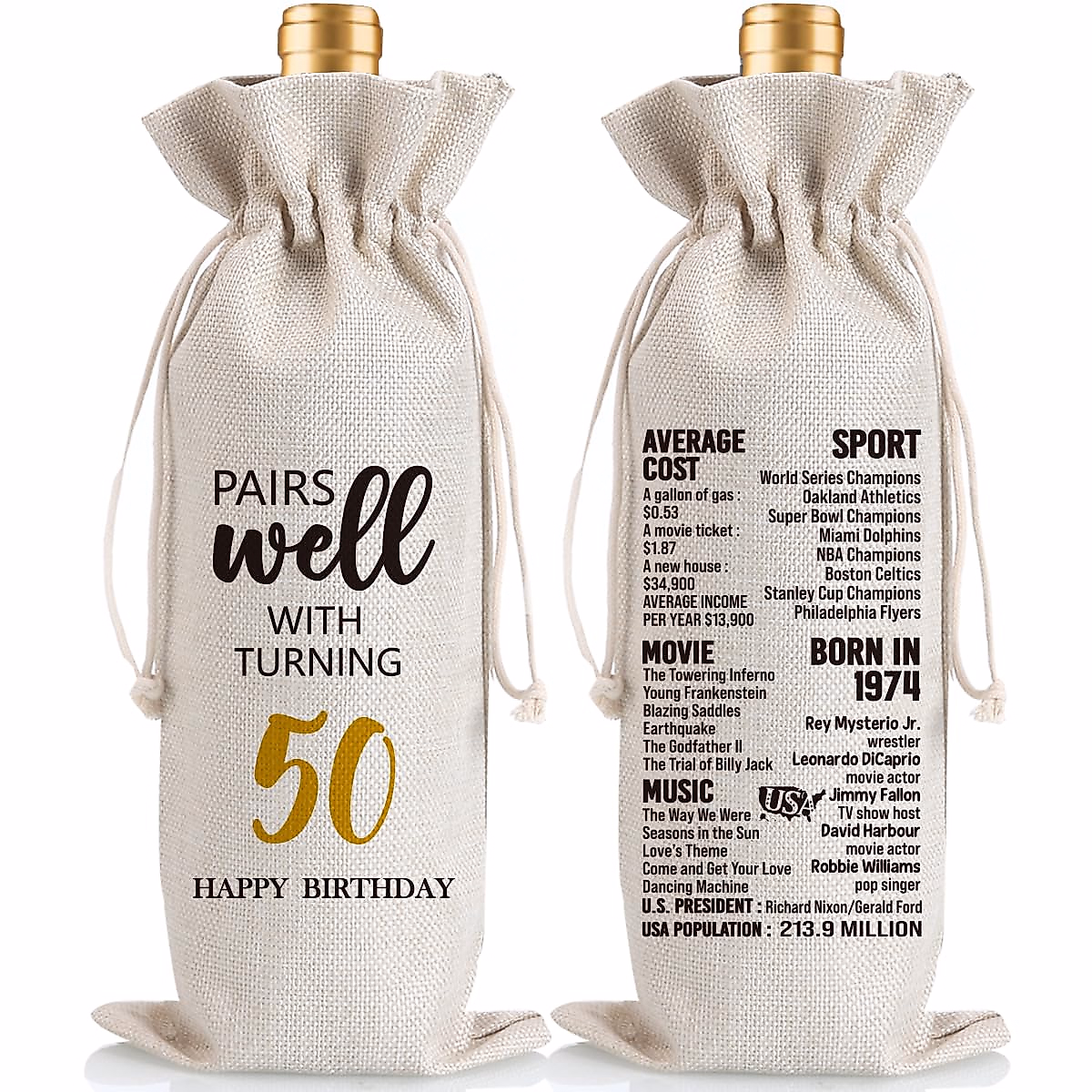 50th Birthday Gift Ideas for Women Men, 50 Years Old Birthday Party Decoration Wine Bag Gifts, Happy 50th Birthday Decor, Pairs Well with Turning 50, 1975 Wine Bag