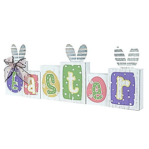Easter Decorations for the Home, hogardeck Easter Bunny Table Decor Wood Sign, Colorful Wooden Block Signs with Metal Bunny Ears Dots Bow Table Centerpiece Farmhouse Decor for Party Fireplace Tiered Tray