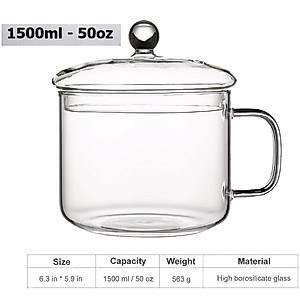 Glass Cooking Pot - 1.5L/50oz Clear Glass Cooking Pot, Glass Saucepan, Simmer Pot With Lid, Easy Grip Handles, Made from Oven, Microwave, Safe for Pasta Noodle, Soup, Milk, Tea