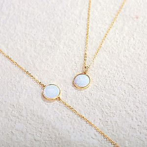 AGVANA 14K Solid Real Yellow Gold Opal Necklace for Women Round Disc Coin Pendant Necklace Fine Jewelry Birthday Gifts for Women Mom Grandma Wife Daughter Her