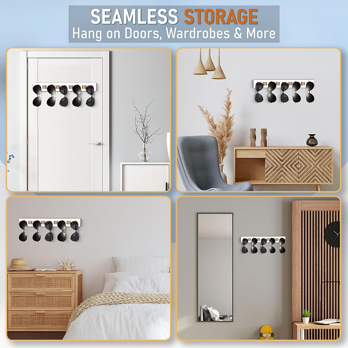 SOULE Versatile Quality Sunglasses Holder, Wall Mounted Eyeglasses Organizer with Hooks (White)