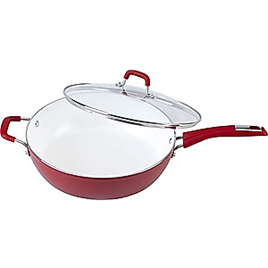 Bialetti Aeternum Nonstick White Ceramic Cookware, 12" Covered Lid Saute Pan, Red & White