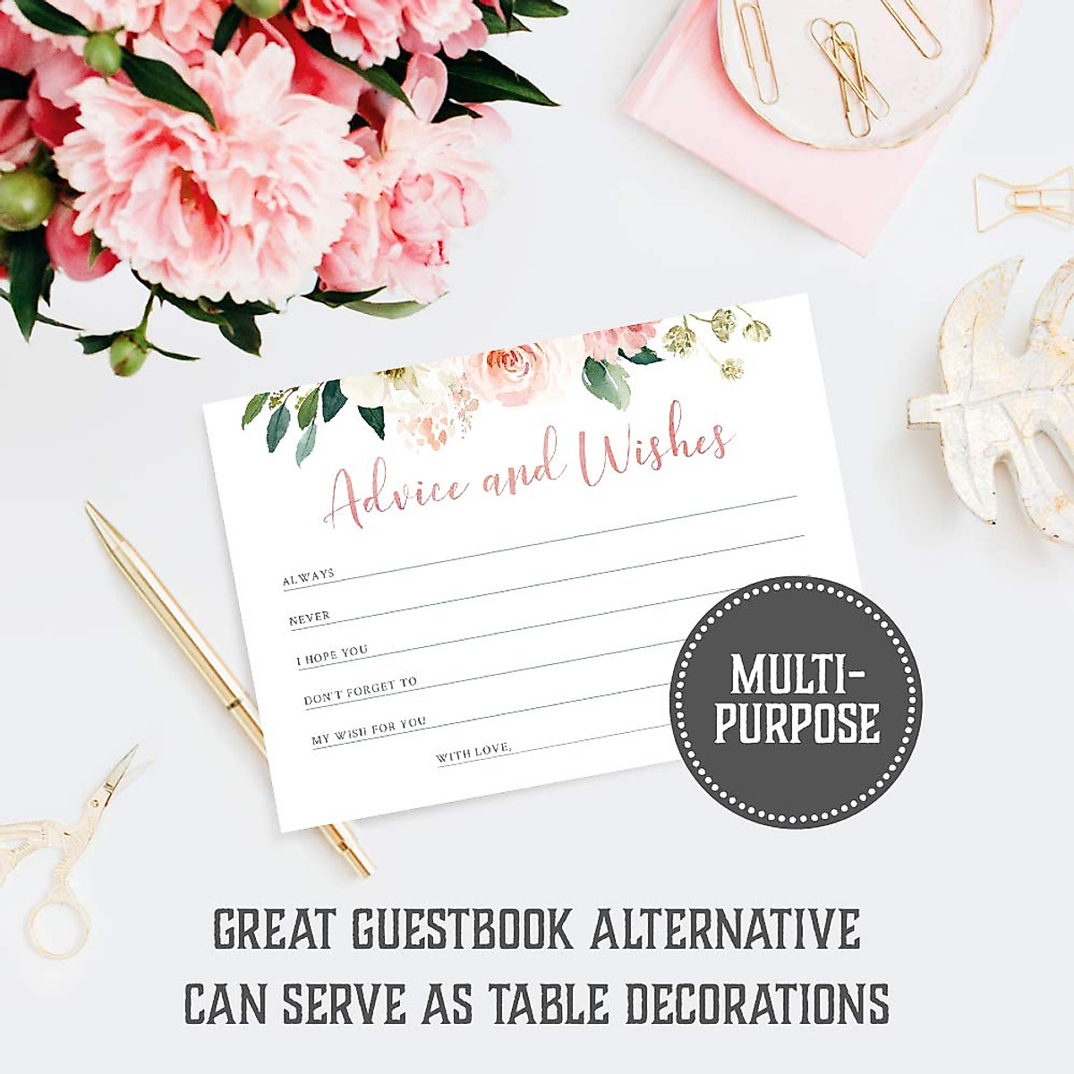 Set of 50 Advice and Wishes Cards - Double Sided Floral Cards, Perfect for the Bride and Groom, Baby Shower, Bridal Shower, Wedding Shower, Graduation Party, Retirement Party, Anniversary