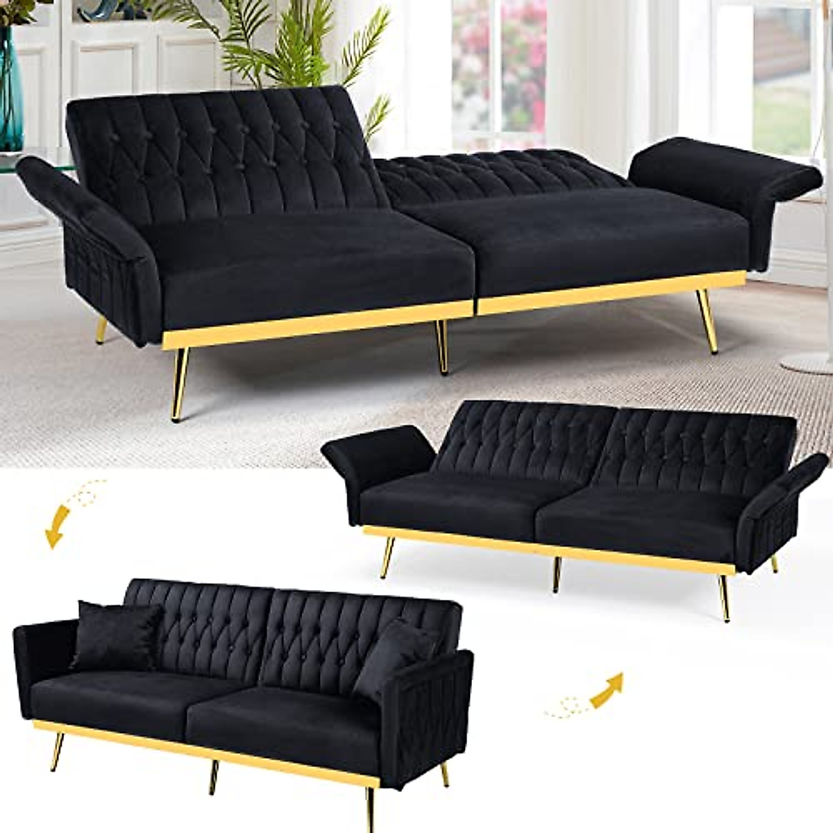 ACMEASE 70” Velvet Futon Sofa Bed with 2 Pillows and Adjustable Armrests, Convertible Sleeper Bed, Modern Loveseat for Living Room, Bedroom, Black