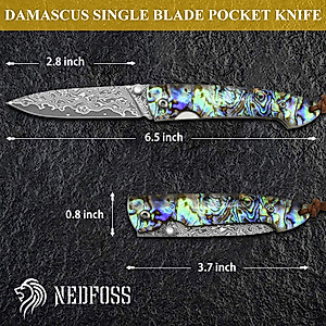 NedFoss Pocket Knife, Damascus Pocket Knife with Abalone Shell Handle, Handmade Forged Damascus Steel Folding Knife with Gift Box, Excellent Gifts for Men Women
