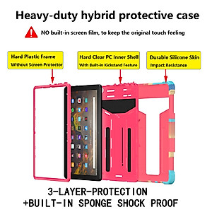 UUcovers Kindle Fire HD 10 & 10 Plus Tablet Case (Only Fits 11th Generation, 2021 Release) with Kickstand Shockproof 3 in 1 Heavy Duty Rugged Hybrid Hard PC & Soft Silicone Cover, Rainbow & Rose Red