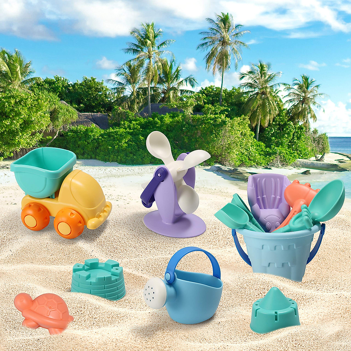JOYIN 24 Pcs Beach Sand Toys Set with Mesh Bag Includes Sand Water Wheel, Sandbox Vehicle, Sand Molds, Bucket, Sand Shovel Tool Kits, Sand Toys for Toddlers Kids Outdoor Play
