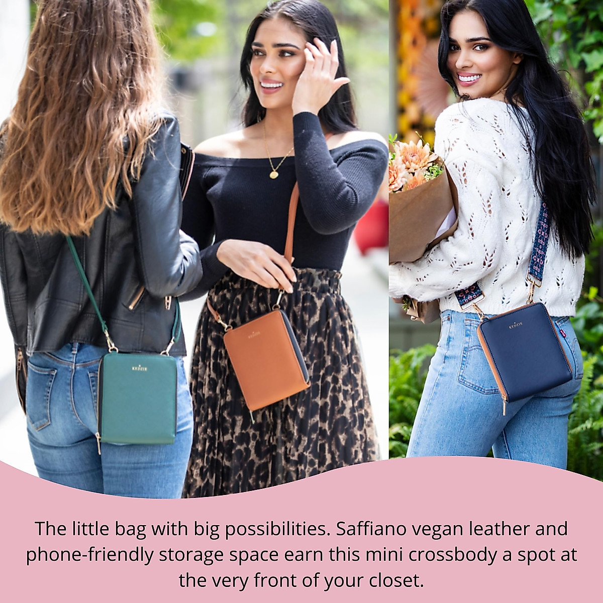 KEDZIE Best Little Bag in Saffiano Vegan Leather Crossbody Bag For Women With Removable Adjustable Strap - Chestnut