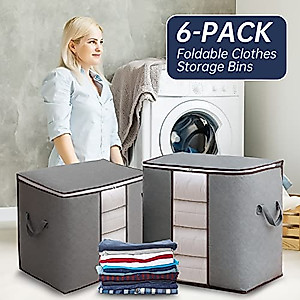 VIEWSHINE 6-Pack Large Capacity Clothes Storage Bags, Foldable Closet Organizer Storage Container with Clear Window, Sturdy Zipper and Reinforced Handle, Thick Fabric Storage Bags for Clothes, Comforters, Blankets, Quilts, Bedding and Toys, 90L, Grey