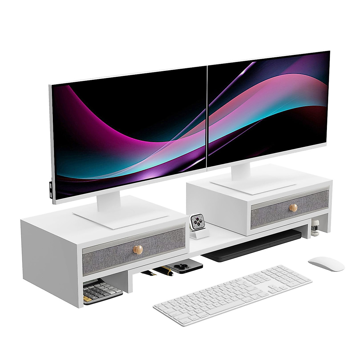 LAPTAIN Dual Monitor Stand Riser with 2 Drawers, Screen Stand with Adjustable Length and Angle, Desktop Organizer Stand for Laptop Computer/TV/PC