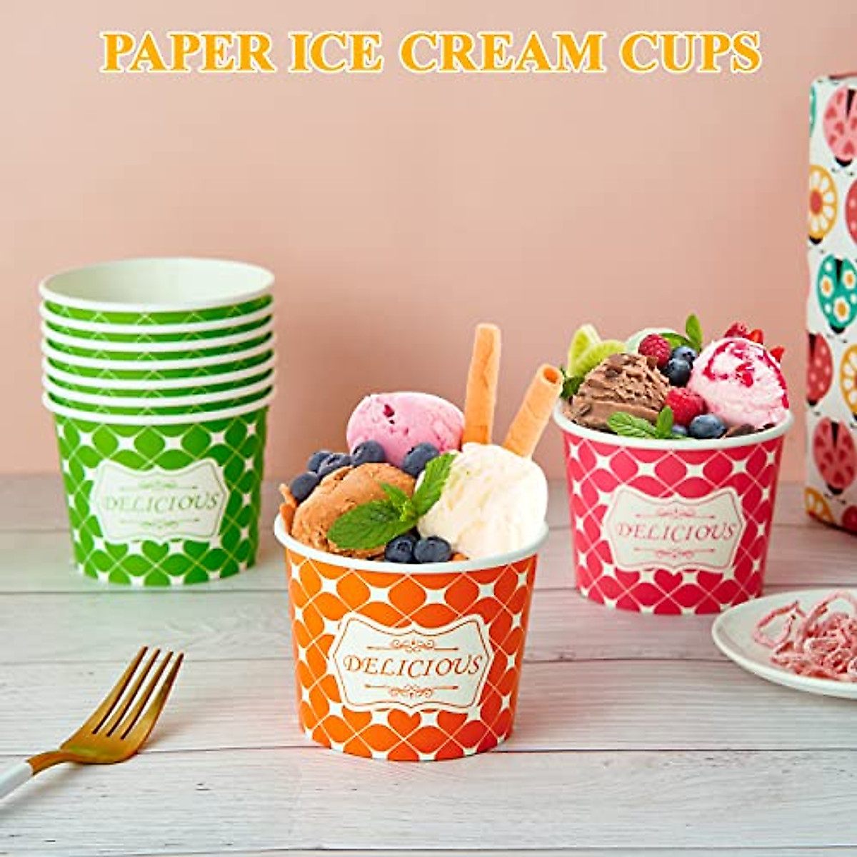 LITOPAK 120 Pack 12 oz Ice Cream Cups, Ice Cream Bowls for Cold and Hot Foods, Paper Ice Cream Bowls, Disposable Dessert Cups, Paper Ice Cream Sundaes Cups for Ice Cream, Hot Soup, Snacks, and Fruits.