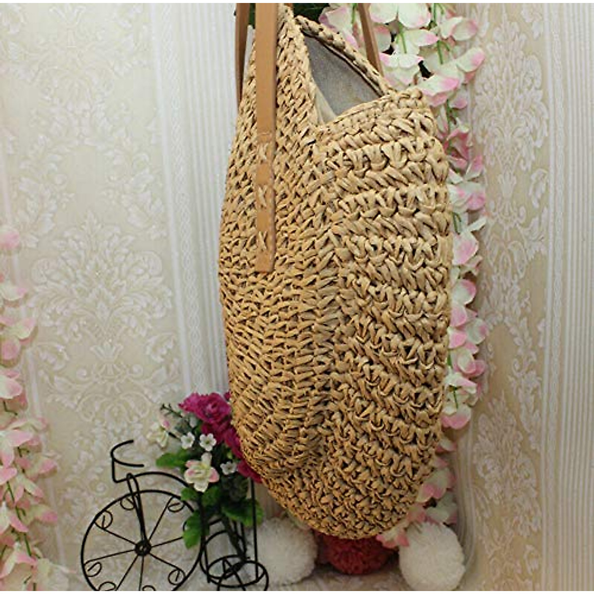 YXQSED Round Woven Bag - Summer Beach Bags Straw Handwoven Singleshoulder with Leather Handles，Zipper（Khaki） L