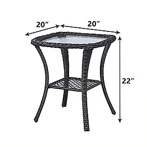 HUMMUH Patio Wicker Side Table Outdoor, Rattan End Table Glass Top Coffee Table with Storage Brown