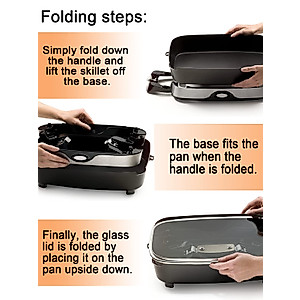 Electric Skillet Nonstick Foldaway - 16 inch, with Adjustable temperature, Easy to clean, Black, Nozaya