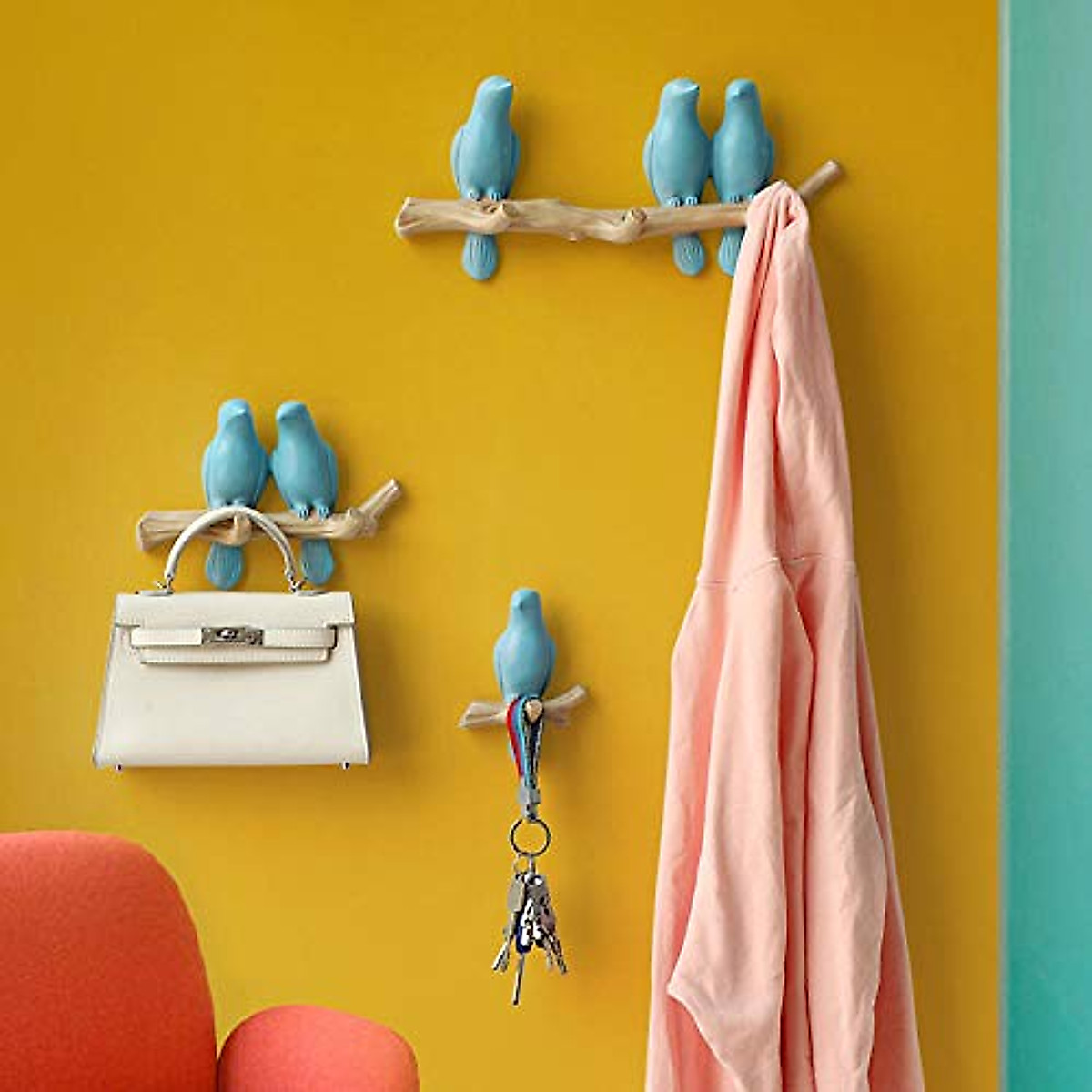 XPSD Resin Birds Figurine Wall Hooks Decorative Home Decoration Accessories Key Bag Handbag Coat Rack Holder Wall Hanger for Clothes-Blue 4birds