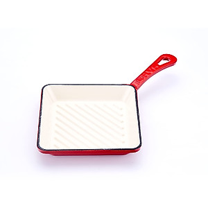 Lava Enameled Cast Iron Mini Ceramic Grill Pan - 8 inch Square, Small Cast Iron Skillet with White Ceramic Enamel Coated Interior, Baby Collection (Red)
