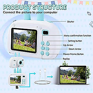 Gmlmes Kids Video Camera Digital Rabbit Camera for Girls Boys Toddlers 3-10 Year Old Birthday Gifts 1080P HD Shockproof Rechargeable Video Recorder Player with 2.4 Inch IPS Screen (Blue)