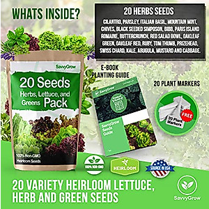SavvyGrow Herb Lettuce Green Seeds Combo - 20 Variety 4000+ Heirloom Garden Seeds for Planting - 95% Plus Germination Rate, Non-GMO & Source in USA Vegetable Seeds