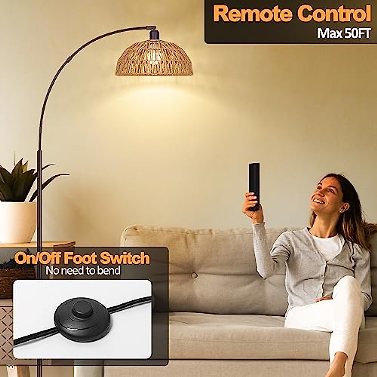 Rattan Floor Lamp- Arc Floor Lamp Boho with Remote and Stepless Dimmable Bulb, 70" Black Arched Standing Floor Lamp with 360° Adjustable Rattan Lampshade, Farmhouse Over Couch Lamp for Living Room