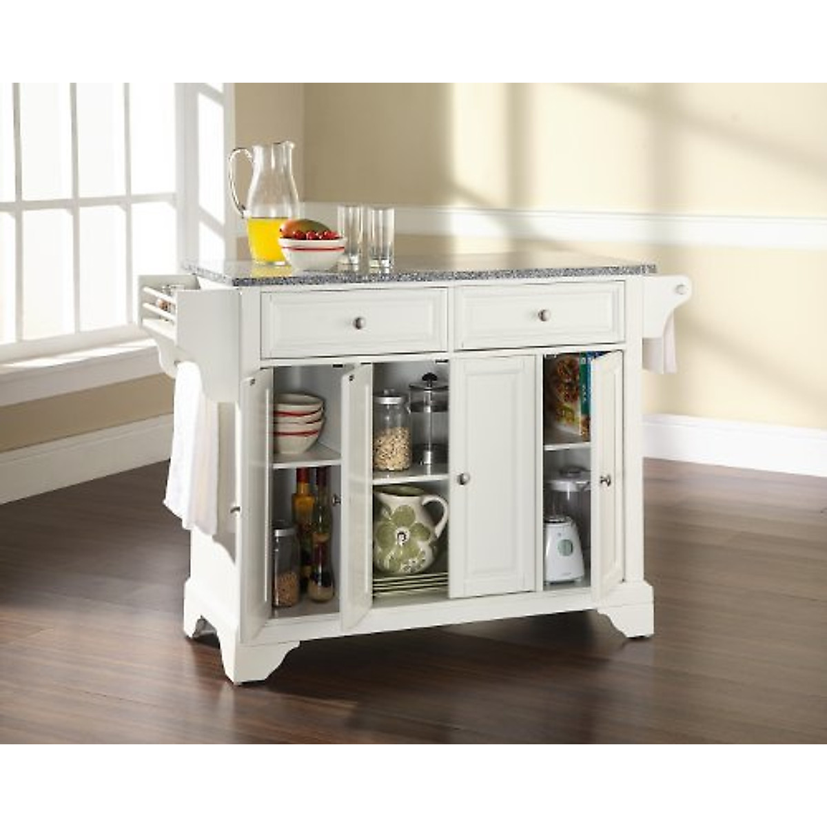 Crosley Furniture Lafayette Granite Top Rolling Kitchen Island Storage Cart, Microwave Stand, Spice Rack, White