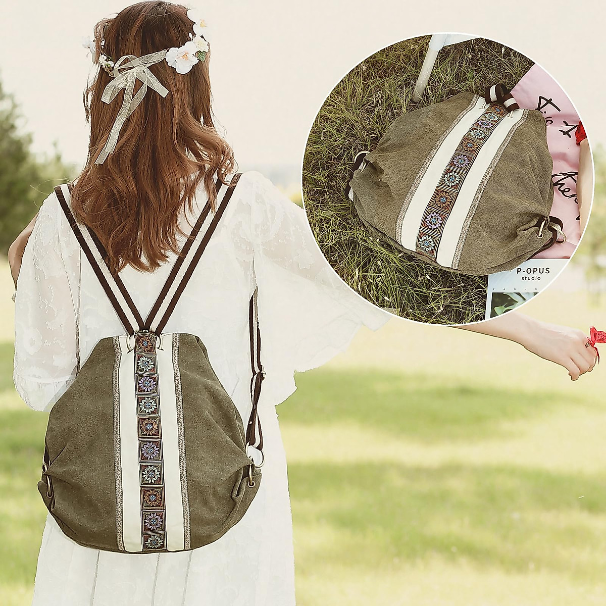 Women Canvas Backpack Daypack Casual Shoulder Bag, Vintage Heavy-duty Anti-theft Travel Backpack