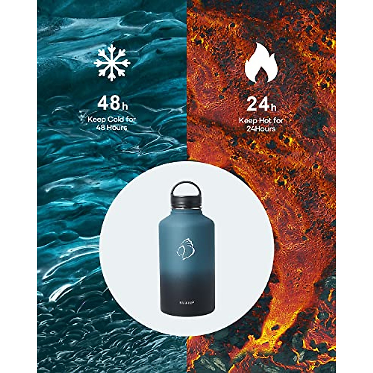 BUZIO Insulated Water Bottle 64 oz with Straw Lid (3 Lids), 64oz Stainless Steel Water Bottle Half Gallon Jug Flask, Double Wall Vacuum Sports Thermo Mug, Cold Hot Hydro Metal Canteen, Indigo Black