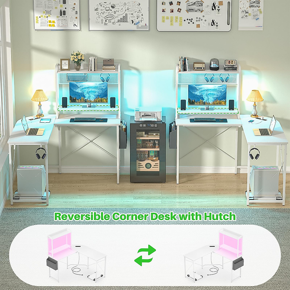 Small L Shaped Gaming Desk with Power Outlets, Corner Gaming Desk with LED Light, Reversible L-Shaped Desk with Monitor Stand & Hutch, L Shaped Desk Home Office Desk with Storage Bag, White