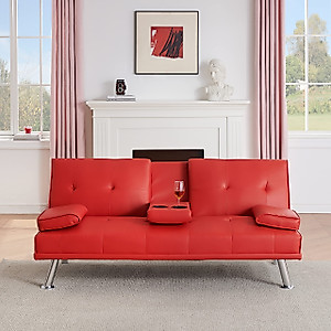 LIADTOP 67" Multifunctional Sofa 2 Cup Holders,Leather Loveseat Sleeper with Removable Armrests,Convertible Folding Couches Bed for Small Spaces,Red