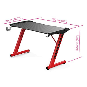 GAMDIAS Zeus Large Gaming Desk with Carbon Fiber Look Surface Home Office Computer Table, Gamer Workstation with The Cup Headset Holder, Black, Red