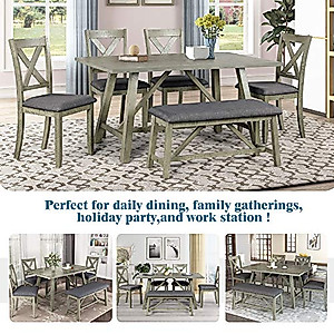 Merax 6-Piece Rustic Style Rectangular Wooden Dining Table Set with Padded Bench and 4 Chairs, Gray