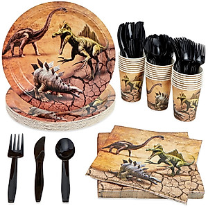 Juvale 144 Piece Jurassic Dinosaur Birthday Party Supplies with Dino Plates, Knives, Spoons, Forks, Cups, and Napkins (Serves 24)