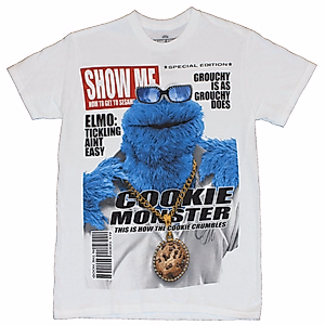 Sesame Street Mens T-Shirt - "Show Me" Cookie Monster Magazine Cover Image (XX-Large) White